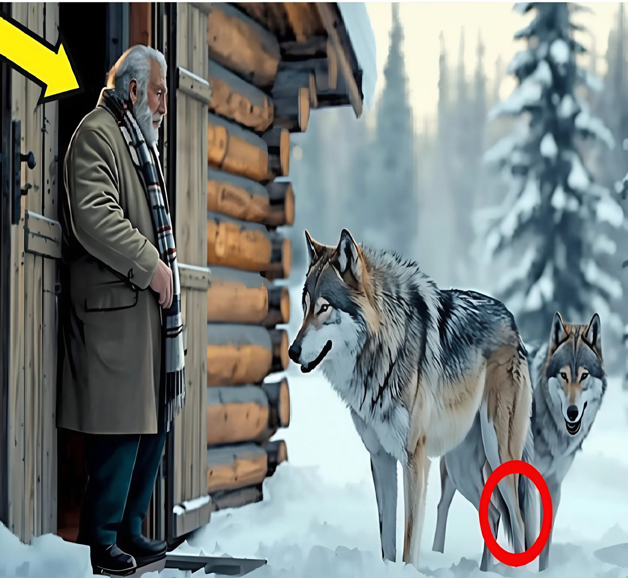 Frozen wolves were begging the man to let them into the house.